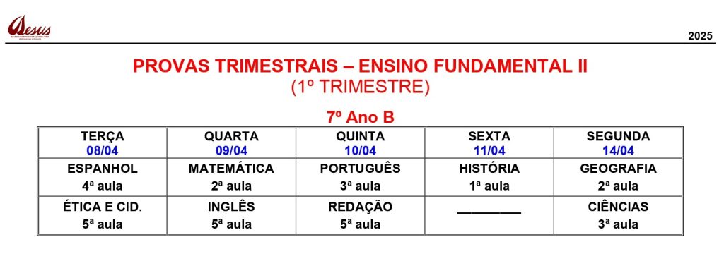 Calendário de Provas EF II – 2025 – Colégio Sagrado Coração de Jesus – SP